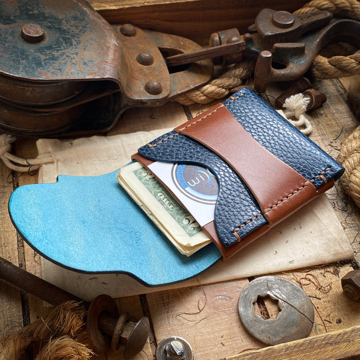 Wide Luxe Minimalist Wallet - Blue Dollaro and Bourbon – Willow Craft Goods