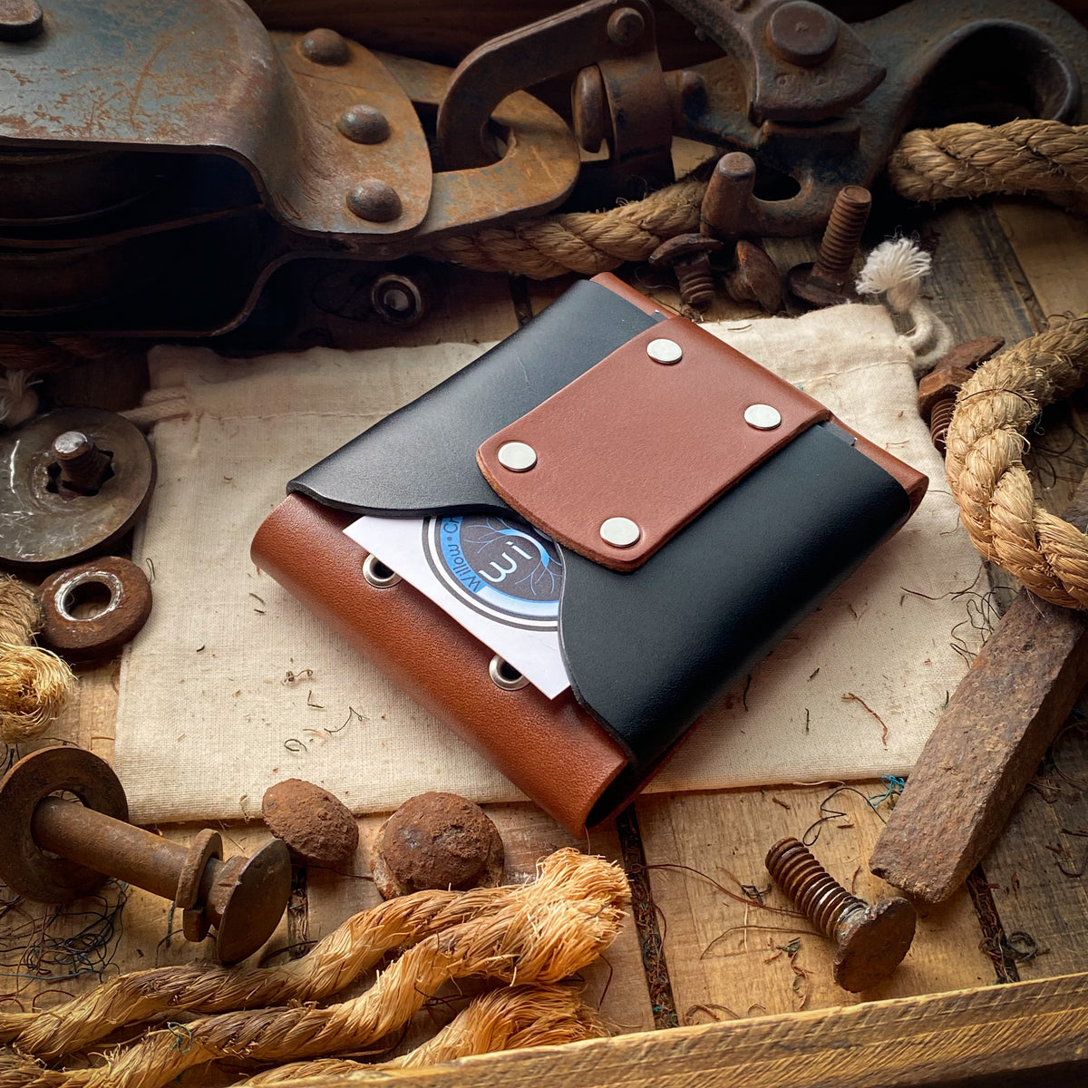 Wide Luxe Minimalist Wallet - Bourbon and Black – Willow Craft Goods